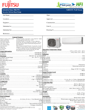 Fillable Online Submittal Data: 9RLFW1 9,000 BTU Wall Mount ...