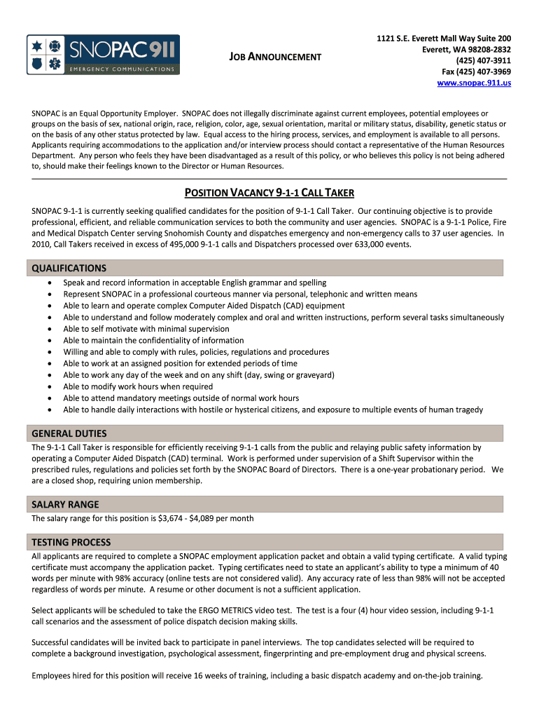 Fillable Online snopac911 Position vacancy 9-1-1 calltaker ...