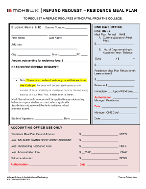 Fillable Online The Meal Plan Refund Form - Mohawk College Fax Email ...