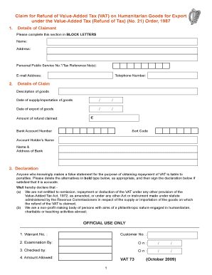 Fillable Online kellyoreilly VAT 73 Claim for Refund of Value-Added Tax VAT on Humanitarian ...