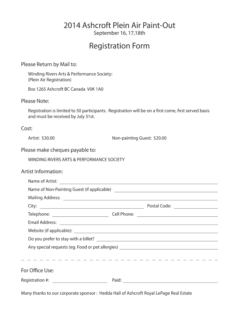 Fillable Online 2014 Ashcroft Plein Air Paint-Out Registration Form Fax ...