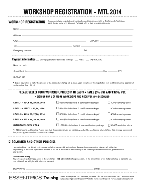 Fillable Online WORKSHOP REGISTRATION MTL 2014 WORKSHOP REGISTRATION ...
