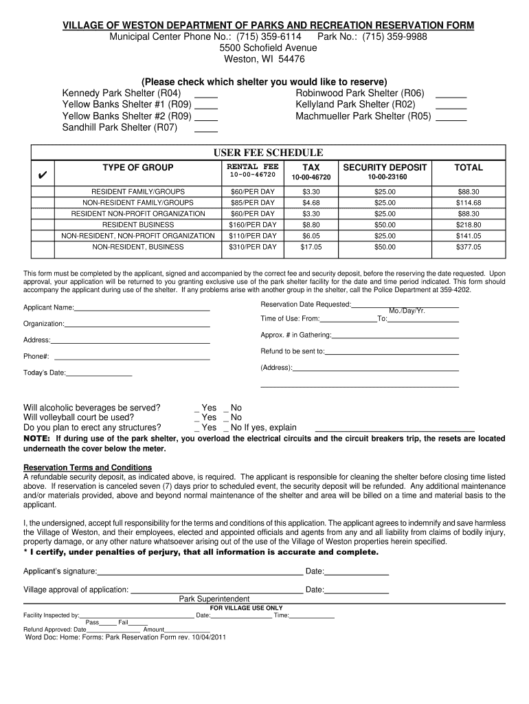 Fillable Online Park Reservation Form - Village of Weston Fax Email ...