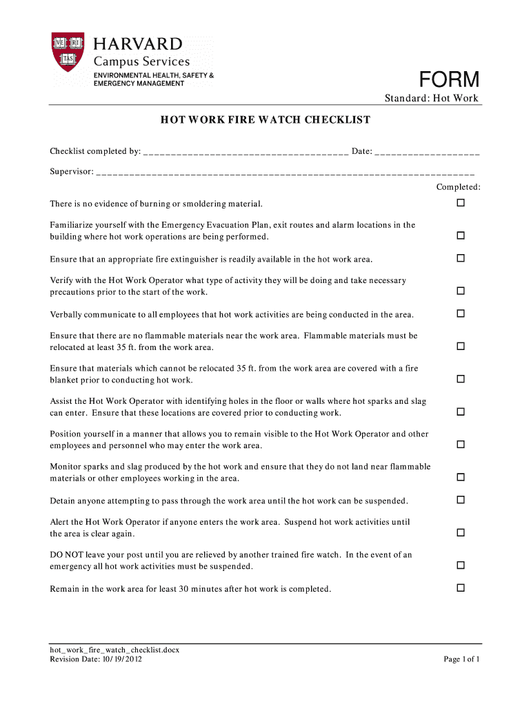 Fillable Online ehs harvard Standard Hot Work - ehs harvard Fax Email Print - pdfFiller