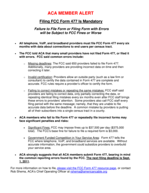Fillable Online ACA MEMBER ALERT Filing FCC Form 477 Is Mandatory Fax ...