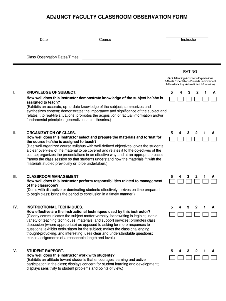 Fillable Online Adjunct Faculty Classroom Observation Fax Email Print - pdfFiller