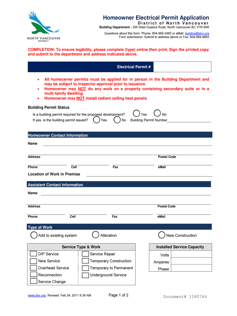 Fillable Online dnv Homeowner Electrical Permit Application - District ...