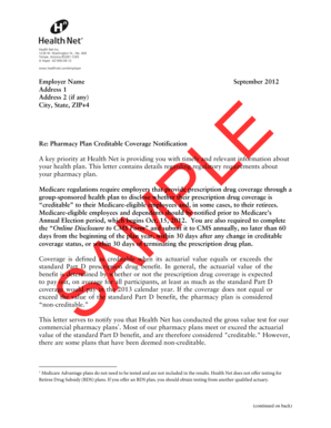 Fillable Online City, State, ZIP+4 Re: Pharmacy Plan Creditable ...