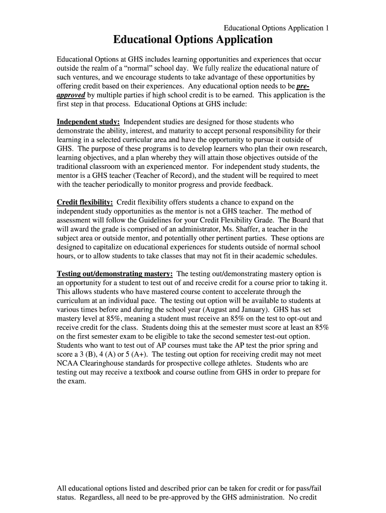 Fillable Online Educational Options Application 1 Educational Options ...