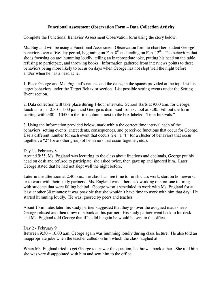 Fillable Online Functional Assessment Observation Form Data Collection ...