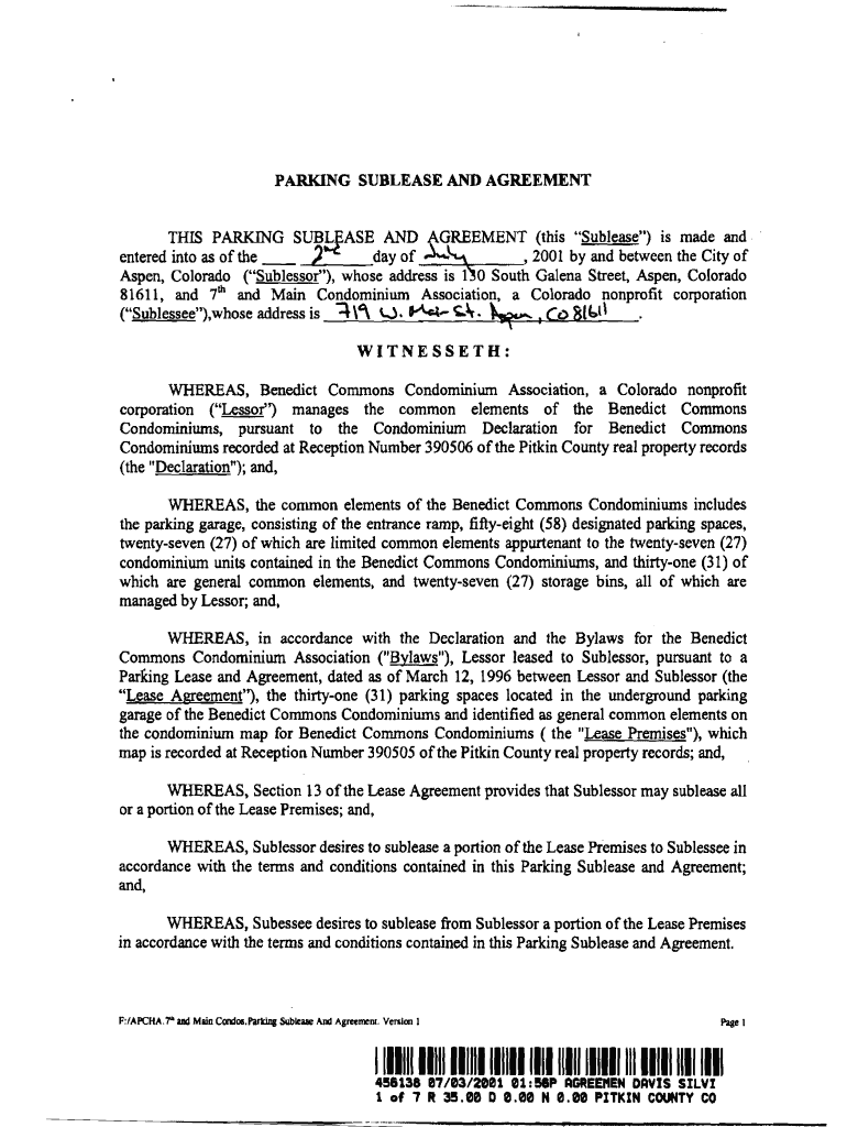 Fillable Online PARKING SUBLEASE AND AGREEMENT Fax Email Print - pdfFiller