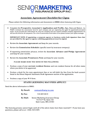 Fillable Online Associate Agreement Checklist for Cigna - SMiG Inc. Fax ...