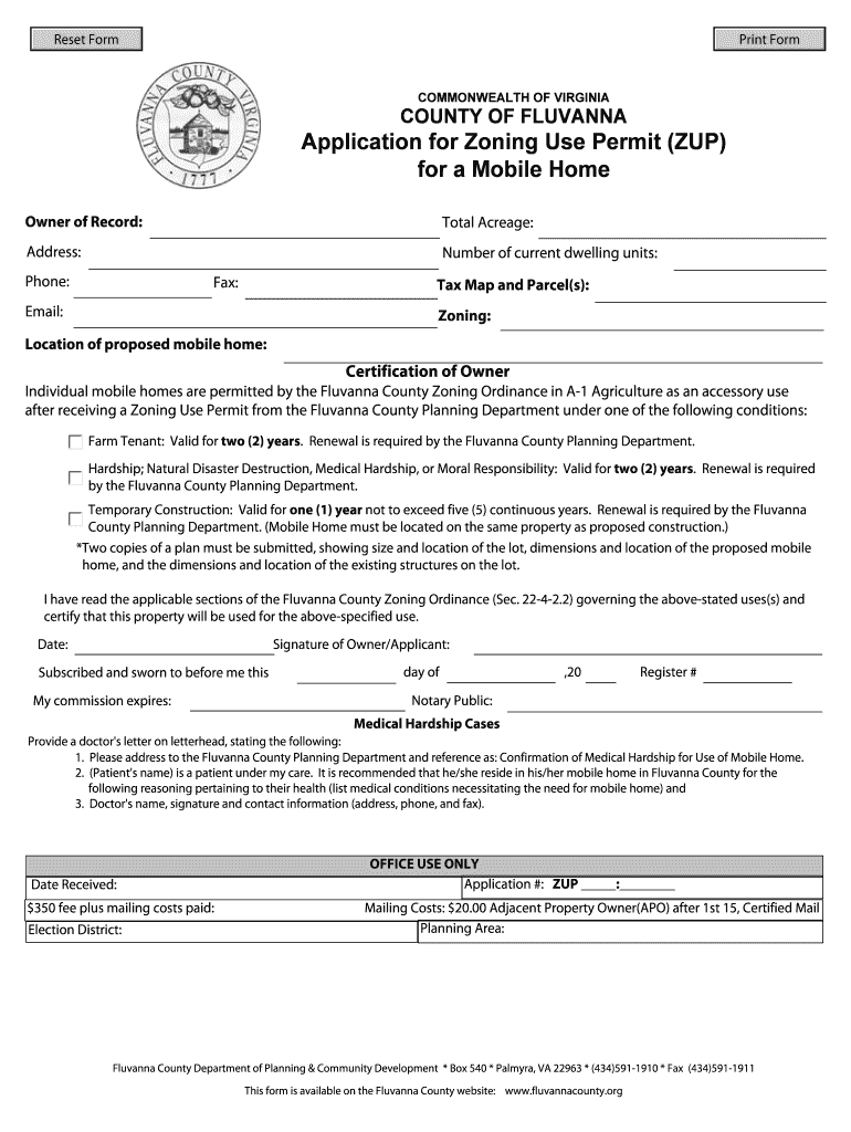 Fillable Online Zoning Use bPermitb Application for a Mobile Home bb - Fluvanna County Fax Email ...