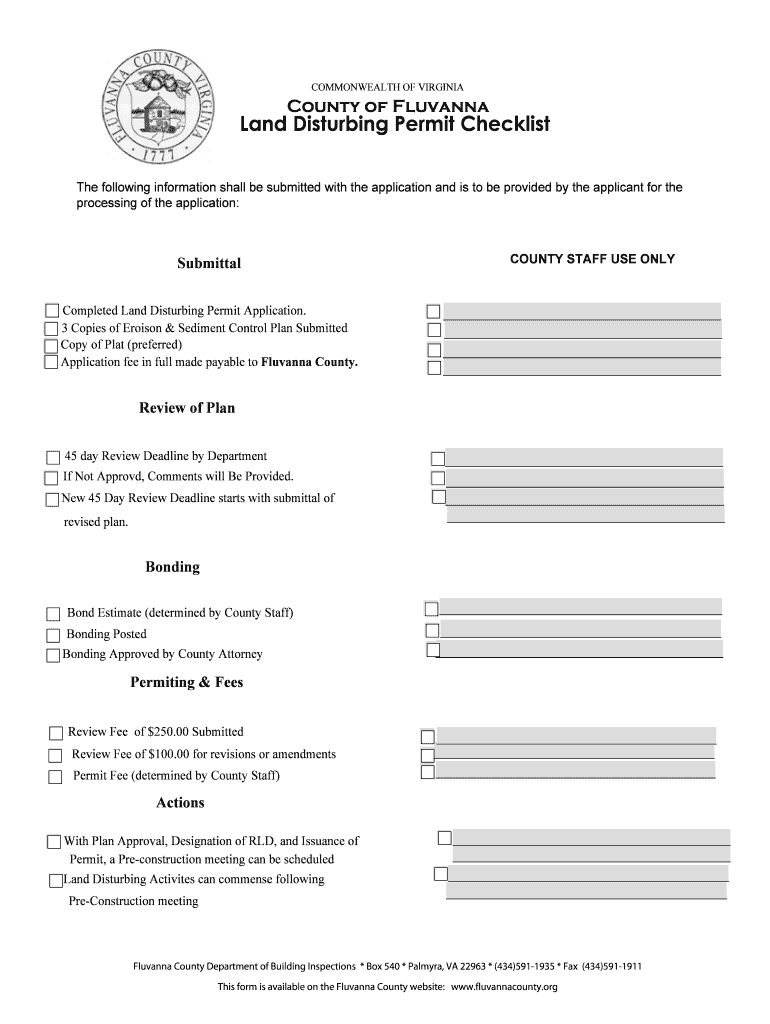 Fillable Online Land Disturbing bPermitb Checklist - Fluvanna County Fax Email Print - pdfFiller