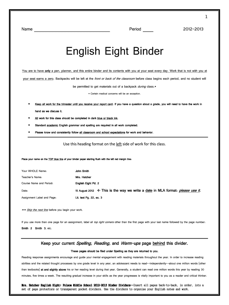 Fillable Online fcusd English Eight Binder Divider Set 2012 to 13 Fax ...