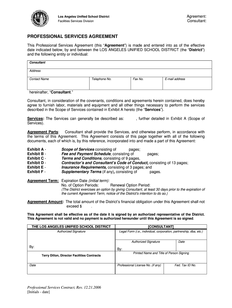 Fillable Online laschools PROFESSIONAL SERVICES AGREEMENT - Laschools ...