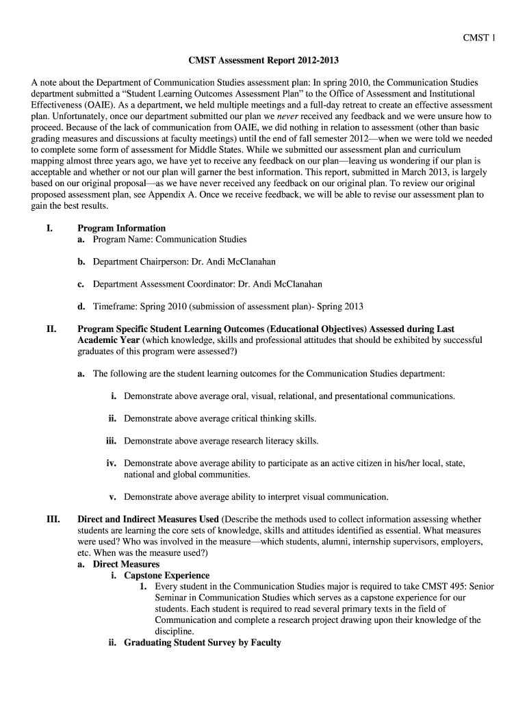 Fillable Online www4 esu CMST 1 CMST Assessment Report 2012-2013 A note ...