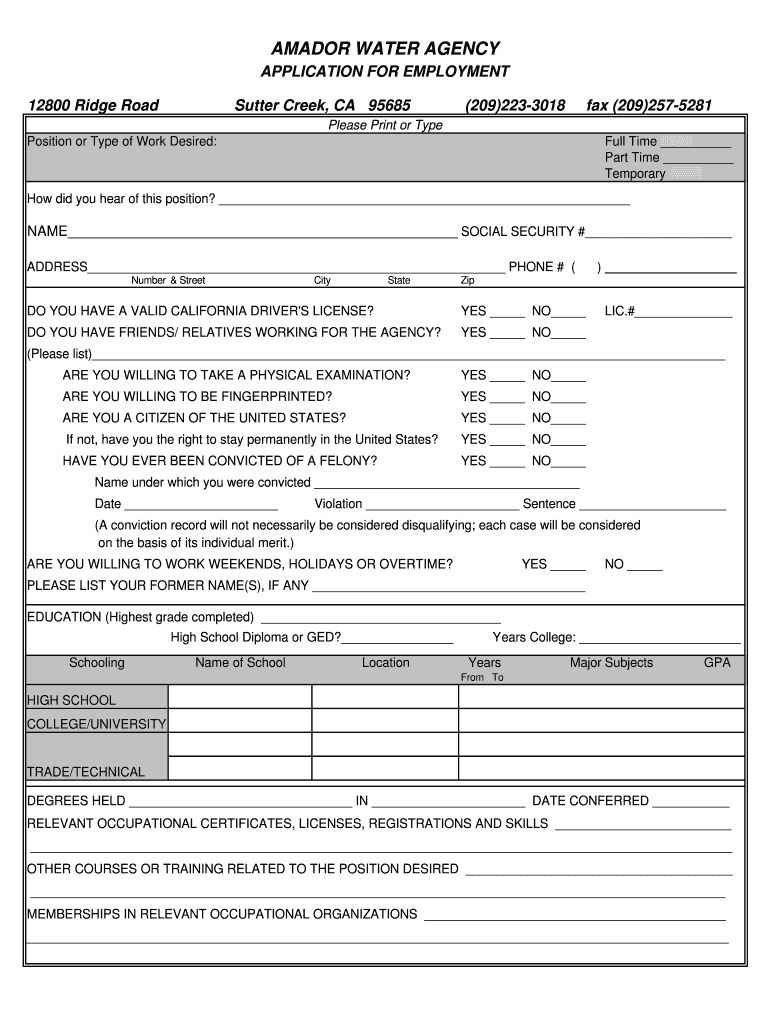 Fillable Online Download Application - Amador Water Agency Fax Email ...
