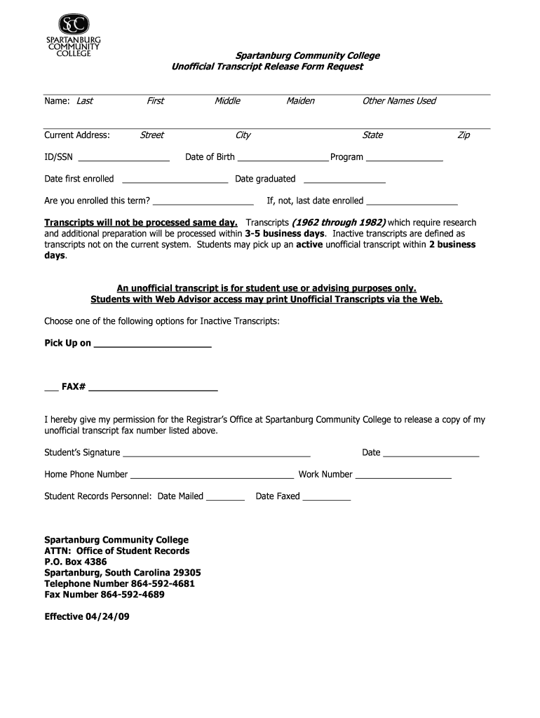 Fillable Online ww2 sccsc Unofficial Transcript Request form ...