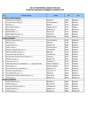 Fillable Online nbs LIST OF REPORTING AGENTS FOR 2013 (Financial ...