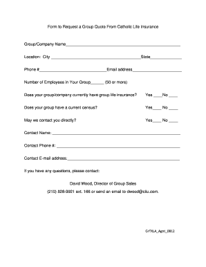 Fillable Online Form to Request a Group Quote From Catholic Life ...