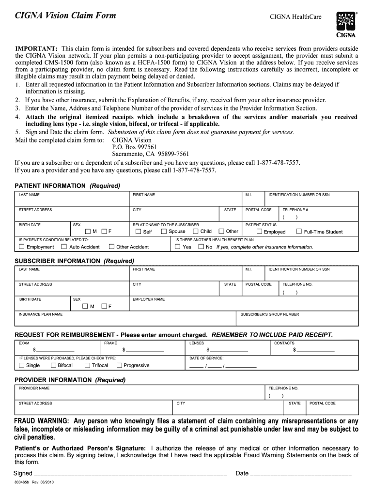 Fillable Online lawrenceks CIGNA Vision Claim Form - City of Lawrence ...