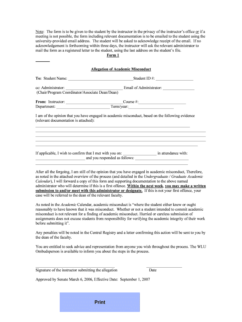 Fillable Online wlu Note: The form is to be given to the student by the instructor in the ...