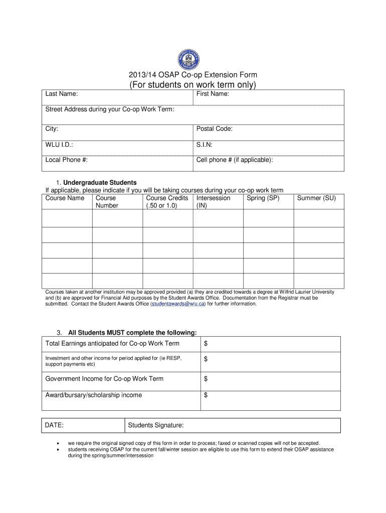 Fillable Online wlu 2013-14OSAP-CoopExte.. - Wilfrid Laurier University Fax Email Print - pdfFiller