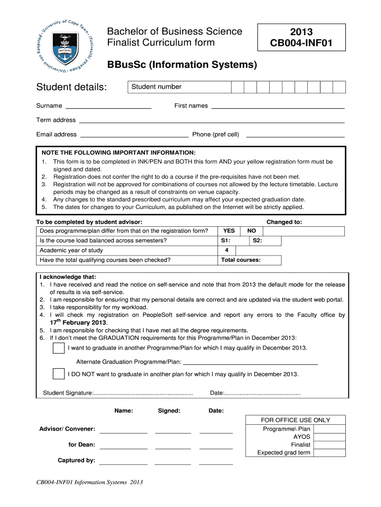 Fillable Online commerce uct ac This form is to be completed in INKPEN ...