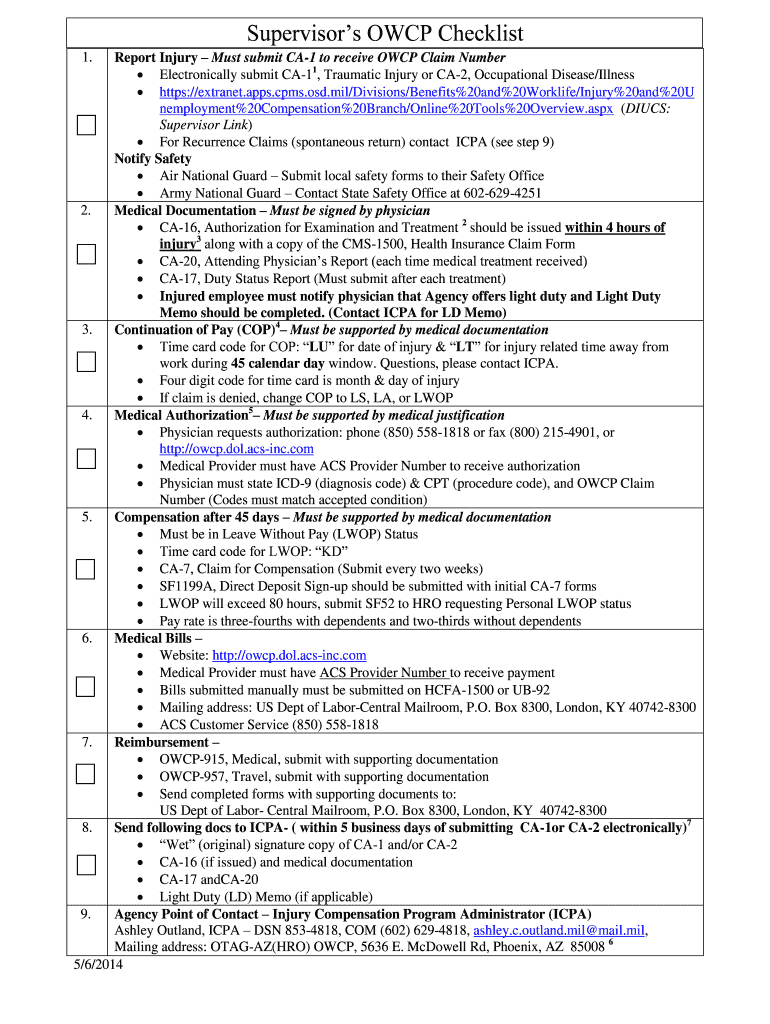 Fillable Online azguard Supervisors OWCP Checklist Fax Email Print ...