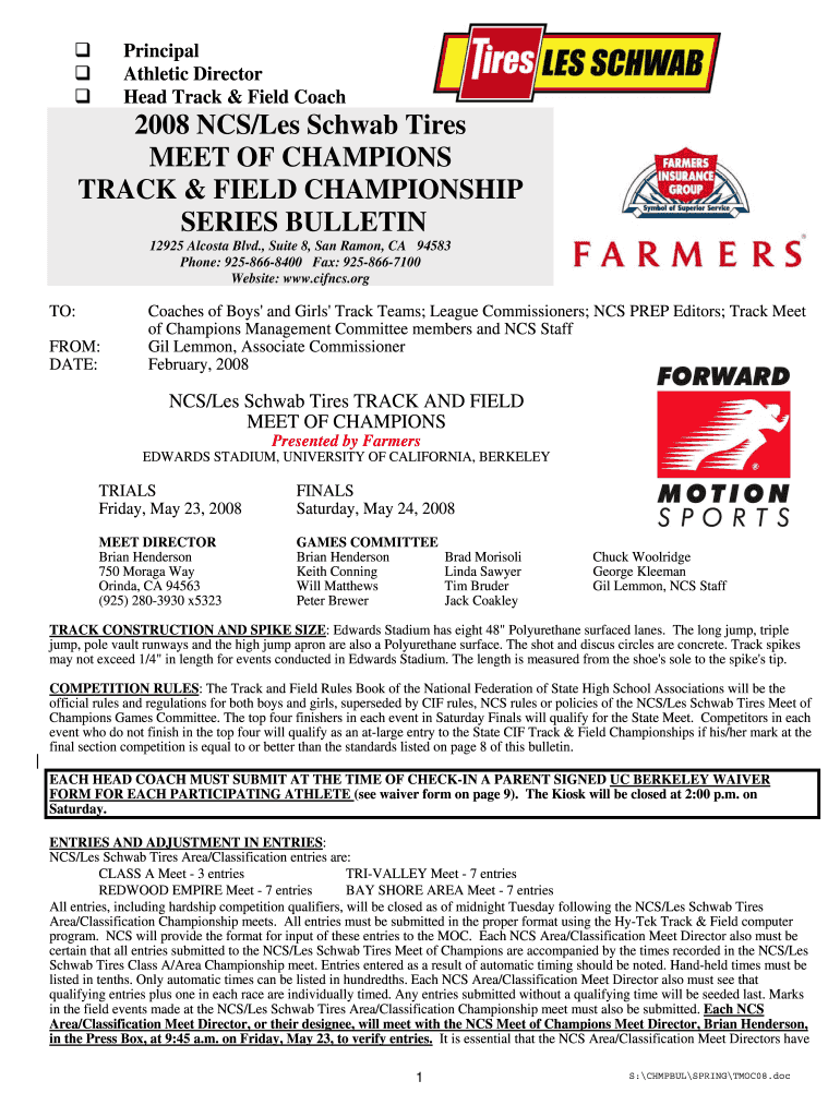 Fillable Online 2008 NCS/Les Schwab Tires MEET OF CHAMPIONS TRACK ...
