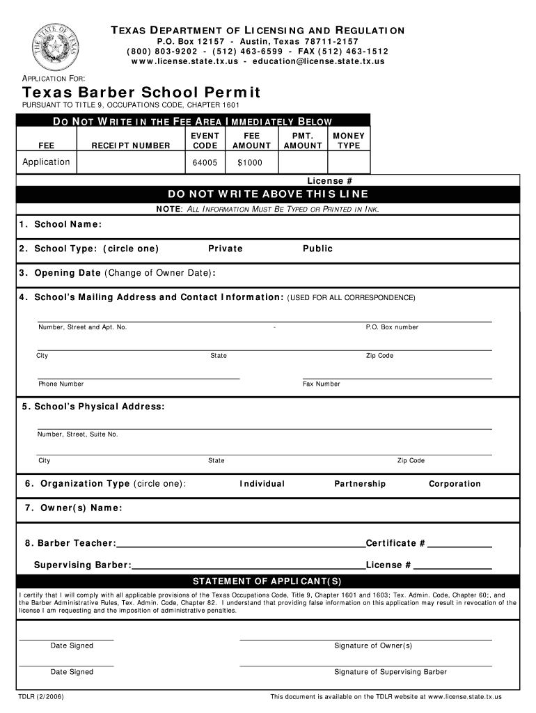 Fillable Online Texas Barber School Permit - Texas Department of ...