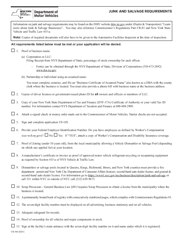 Fillable Online dmv ny JUNK AND SALVAGE REQUIREMENTS - New York State ...