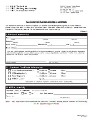 Fillable Online LIB-0012 Application for Duplicate Licence or ...