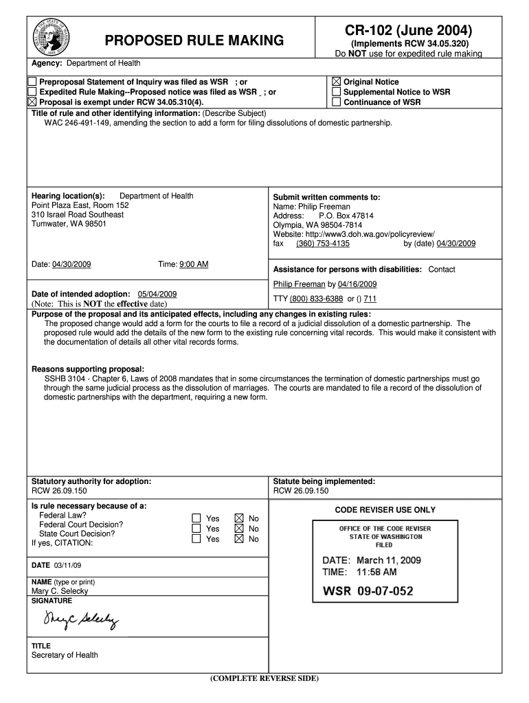 Fillable Online fortress wa PROPOSED RULE MAKING CR-102 (June 2004 ...