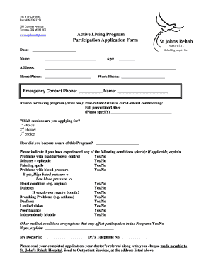Fillable Online Active Living Program Participation Application Form ...