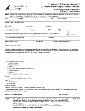 Fillable Online Informal Inquiry and Authorization Pursuant to Life ...