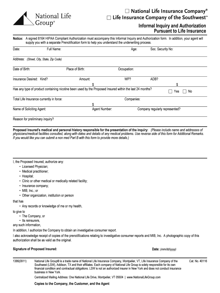Fillable Online Informal Inquiry and Authorization Pursuant to Life ...