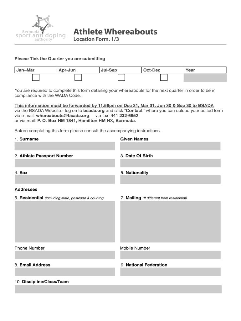 Fillable Online bsada Athlete Whereabouts Fax Email Print - pdfFiller