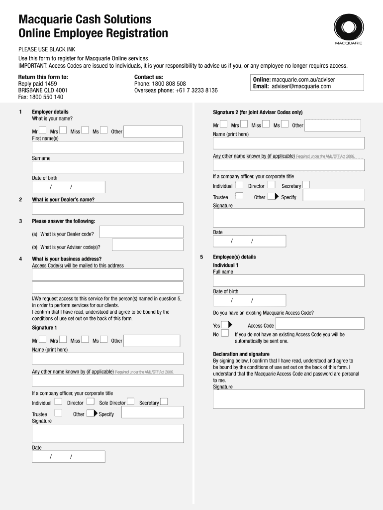 Fillable Online Macquarie Cash Solutions Online Employee Registration Fax Email Print - pdfFiller