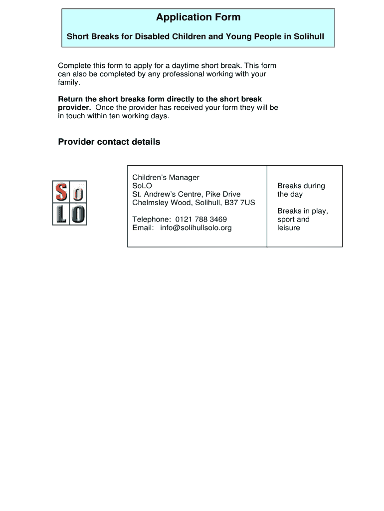 Fillable Online solihull gov Short breaks application form - solihull ...