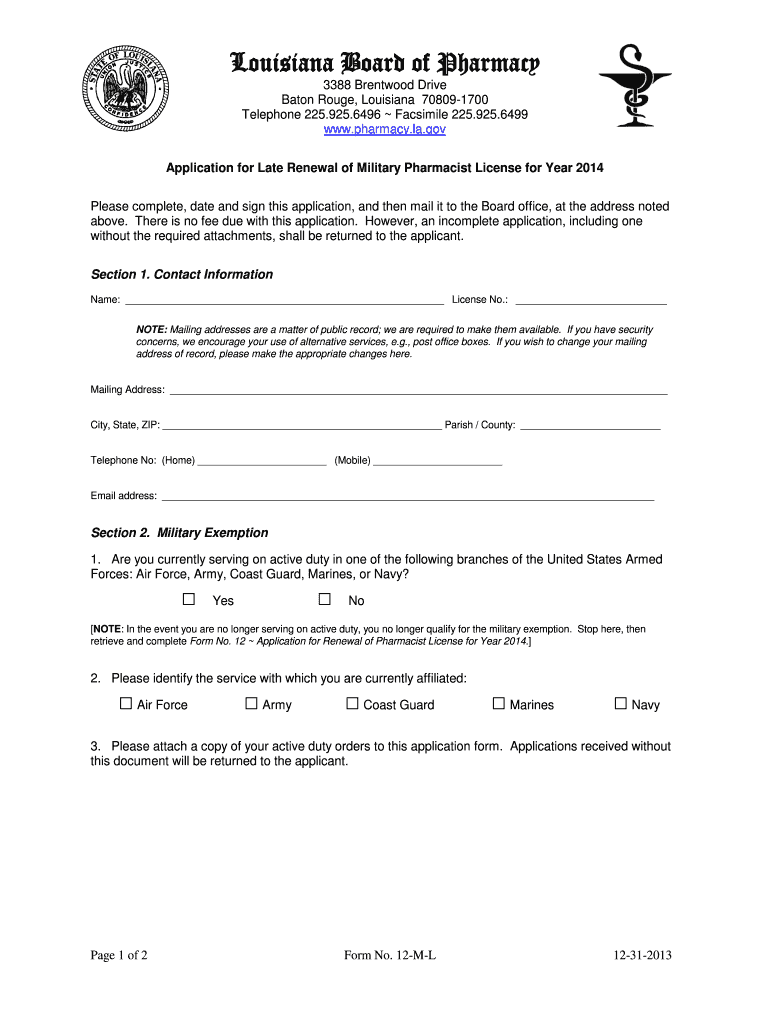 Fillable Online pharmacy la Application for Late Renewal of Military ...
