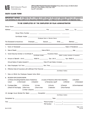 Fillable Online Death claim form to be completed by the employer or ...