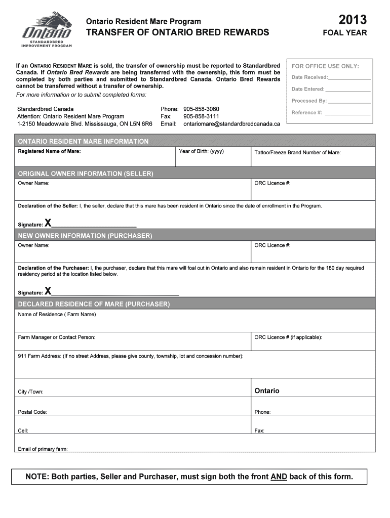 Fillable Online 2013 Ontario Resident Mare Program TRANSFER OF ONTARIO ...