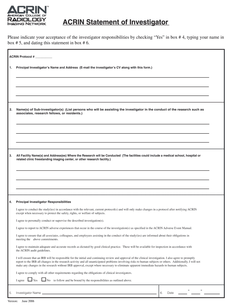 Fillable Online acrin ACRIN Statement of Investigator Form Fax Email ...