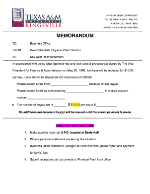 Fillable Online ppo tamuk Lost Key Reimbursement Form - Physical Plant ...