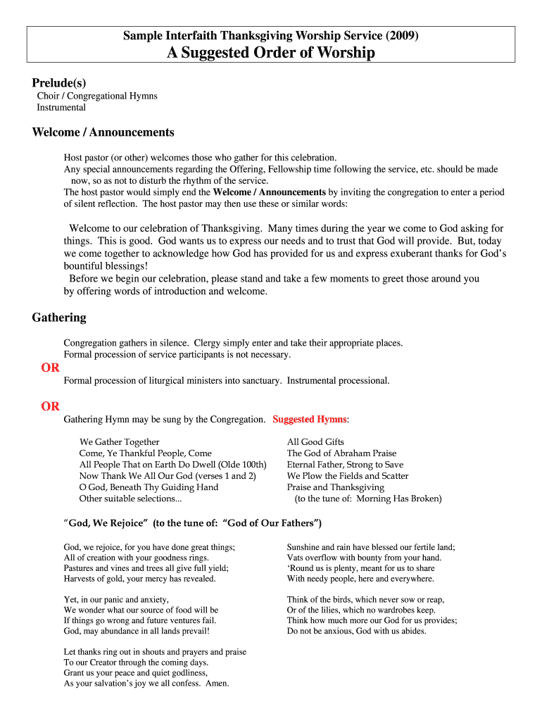 Fillable Online Sample Interfaith Thanksgiving Worship Service (2009 ...