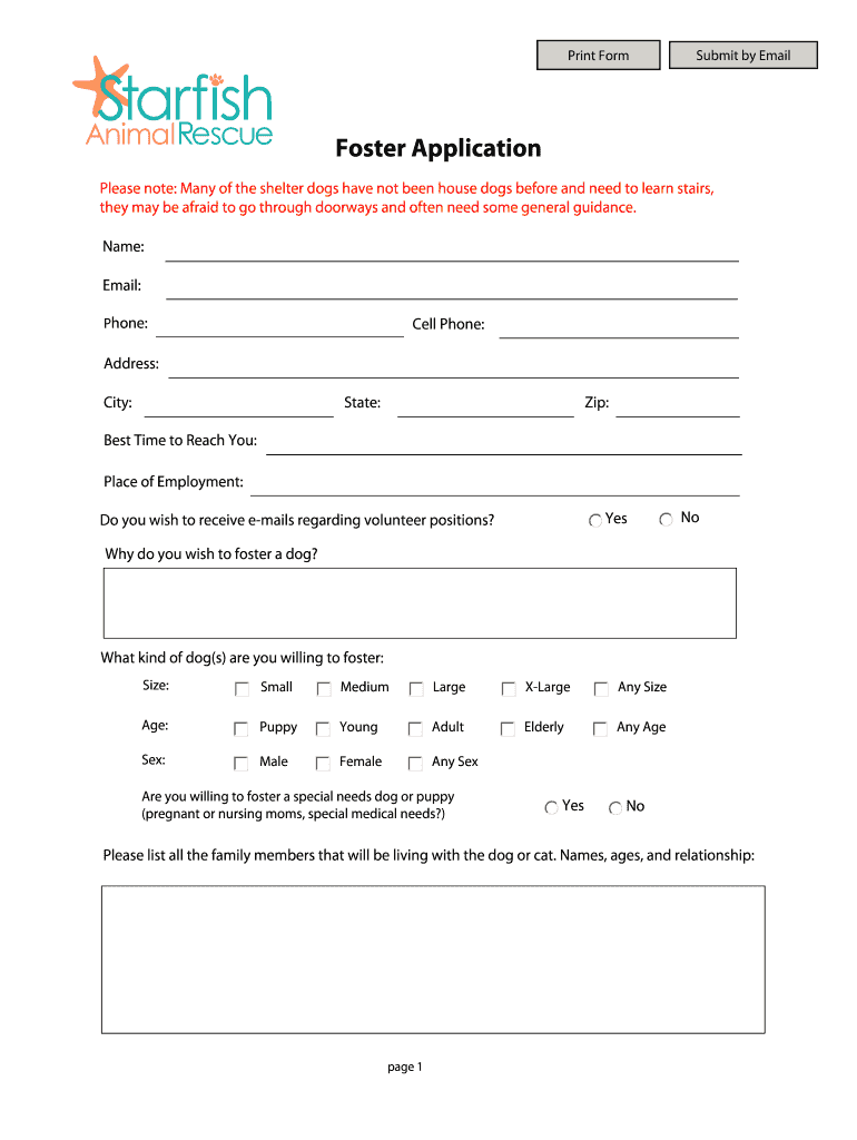 Fillable Online Foster Application - Starfish Animal Rescue Fax Email ...
