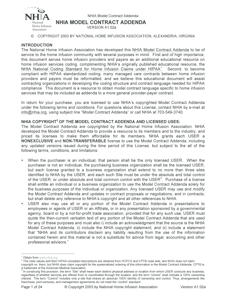Fillable Online NHIA Model Contract Addenda Fax Email Print - pdfFiller