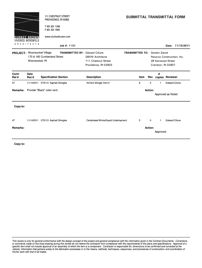 Fillable Online SUBMITTAL TRANSMITTAL FORM Fax Email Print - pdfFiller